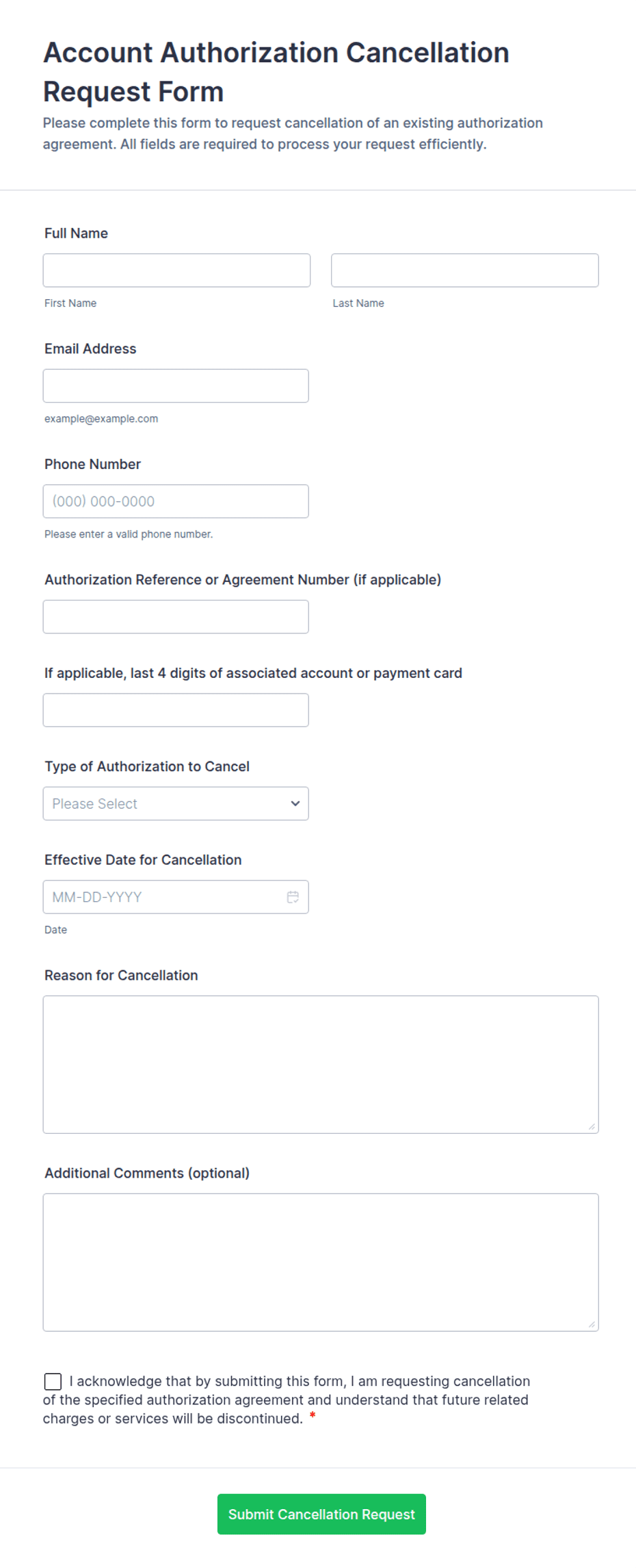 Account Authorization Cancellation Request Form Template | Jotform