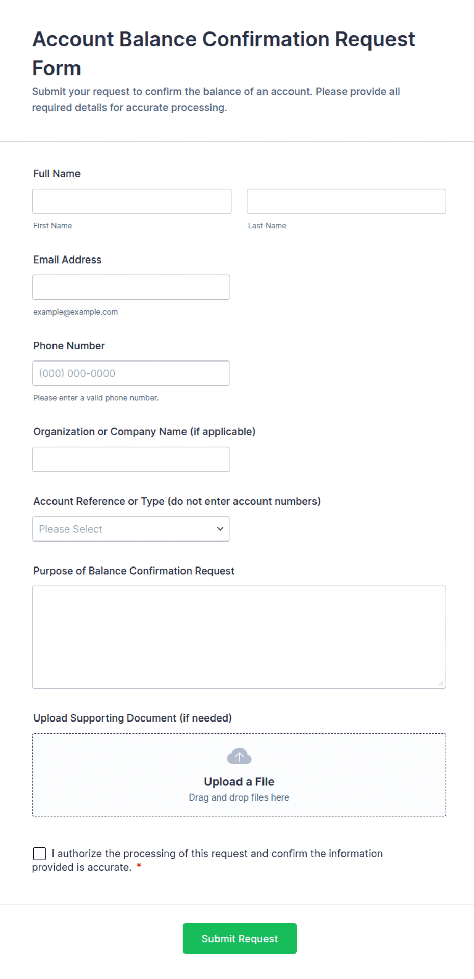 Account Balance Confirmation Request Form Template | Jotform