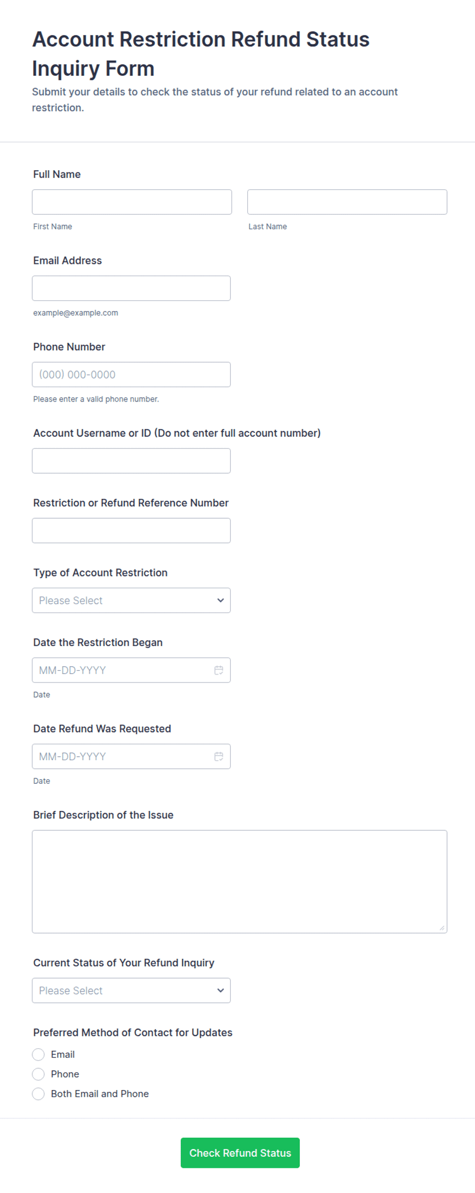 Account Restriction Refund Status Inquiry Form Template | Jotform