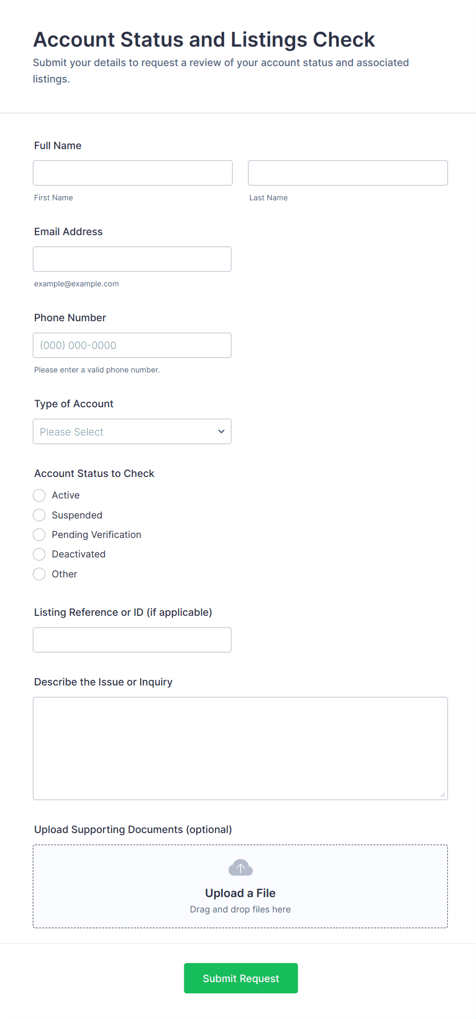 Account Status and Listings Check Form Template | Jotform