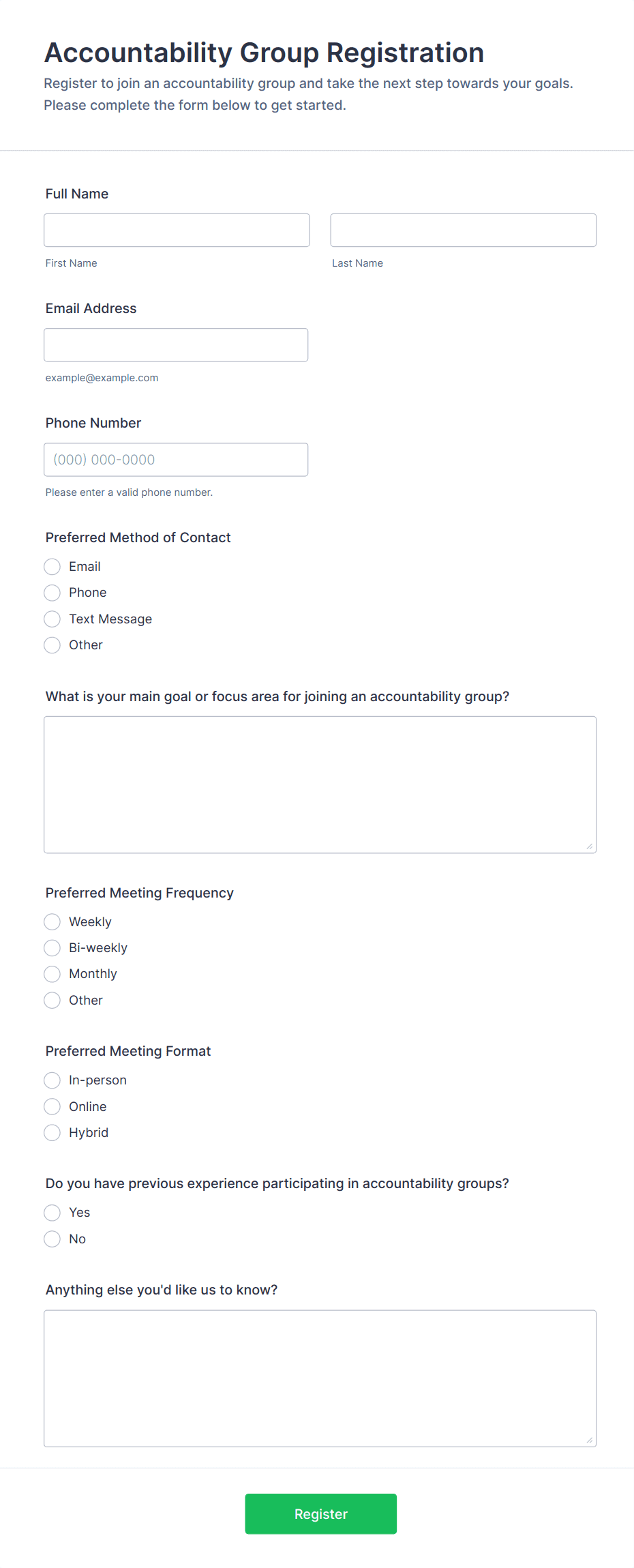 Accountability Group Registration Form Template | Jotform
