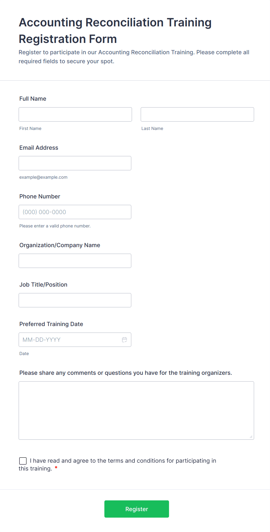 Accounting Reconciliation Training Registration Form Template | Jotform