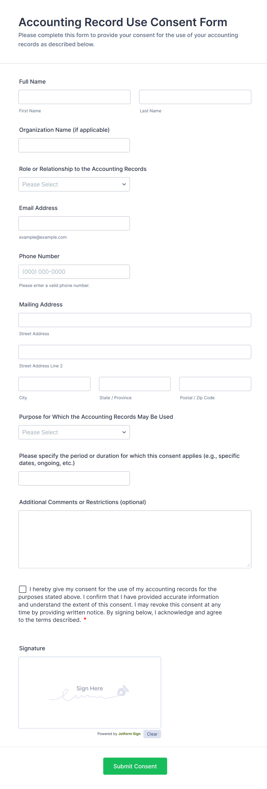 Accounting Record Use Consent Form Form Template | Jotform