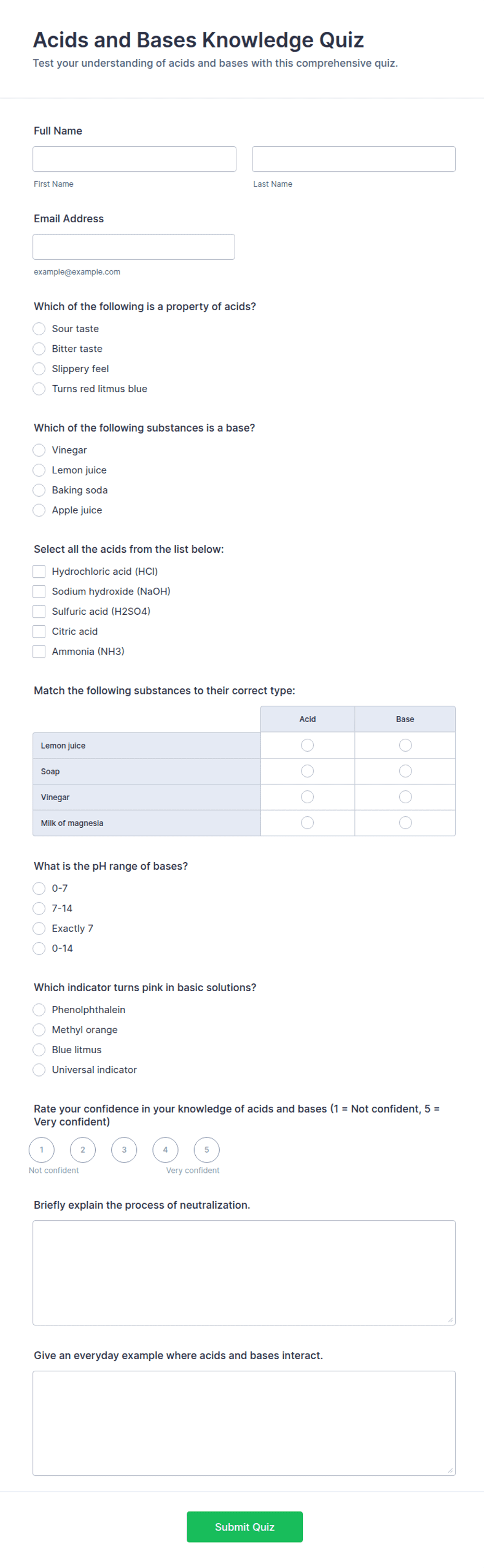 Acids and Bases Knowledge Quiz Form Template | Jotform