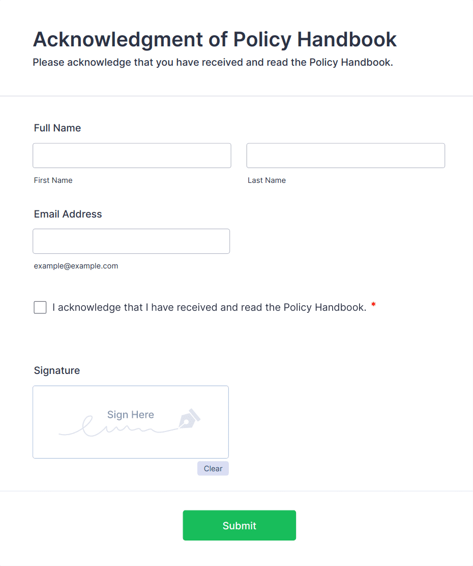 Acknowledgment of Policy Handbook Form Template | Jotform
