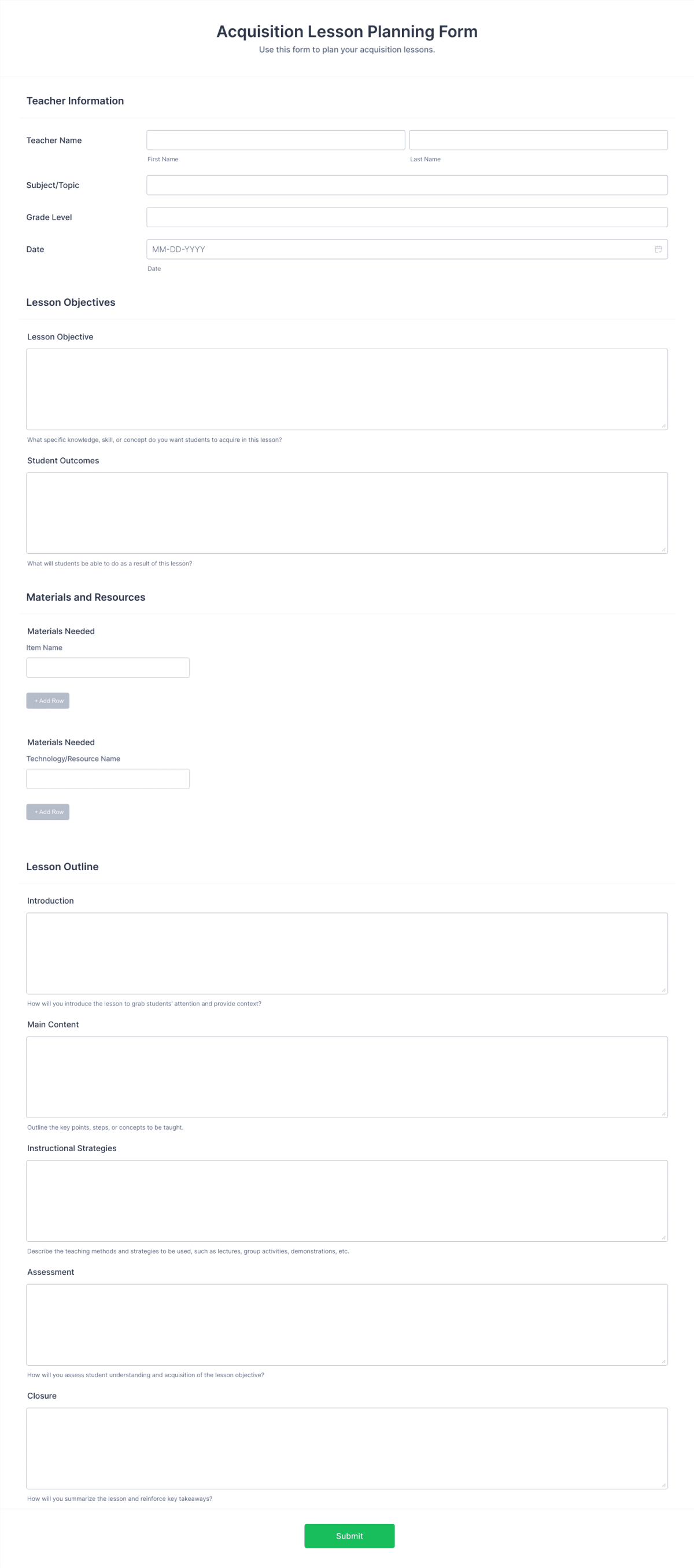 Acquisition Lesson Planning Form Template | Jotform