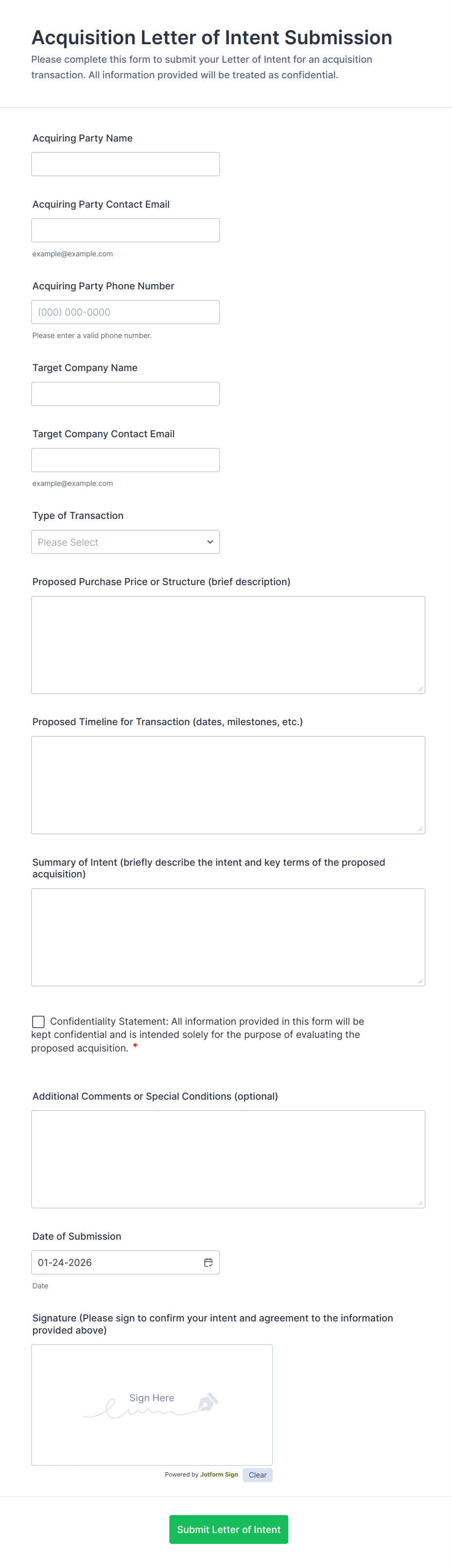 Acquisition Letter of Intent Submission Form Template | Jotform