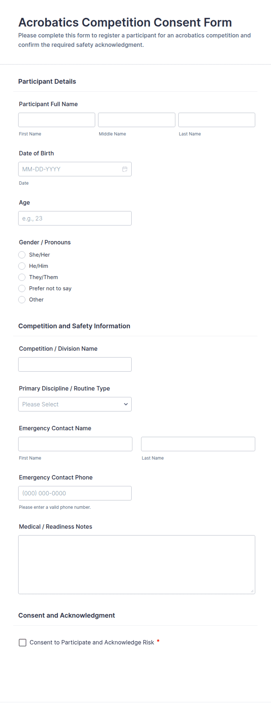 Acrobatics Competition Consent Form Template | Jotform