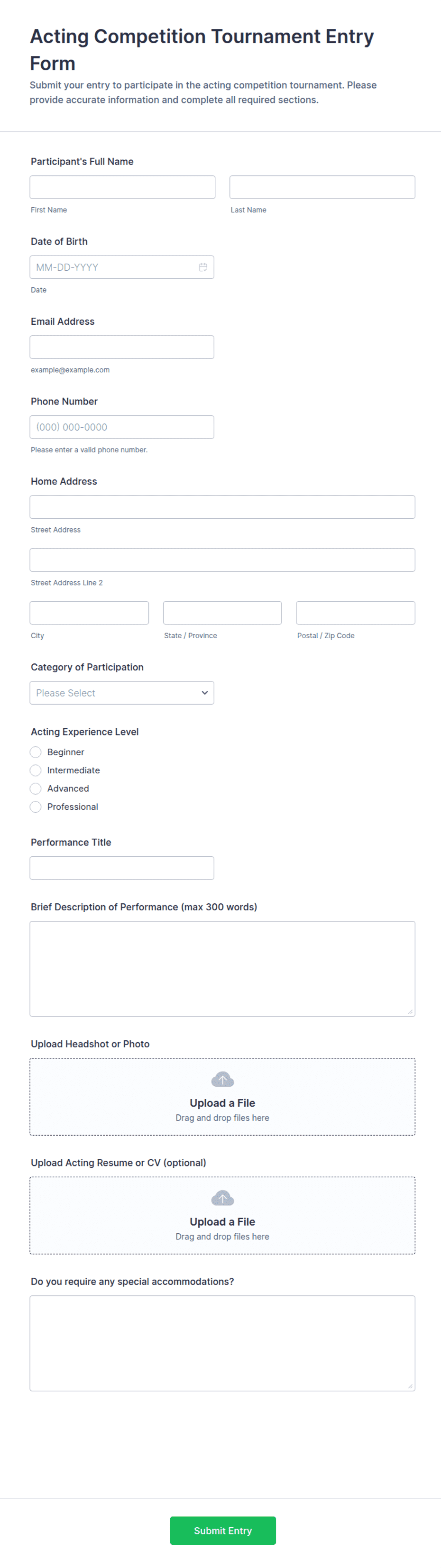Acting Competition Tournament Entry Form Template | Jotform