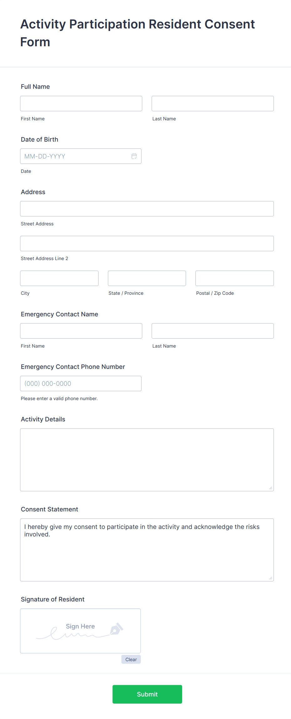 Activity Participation Resident Consent Form Template | Jotform