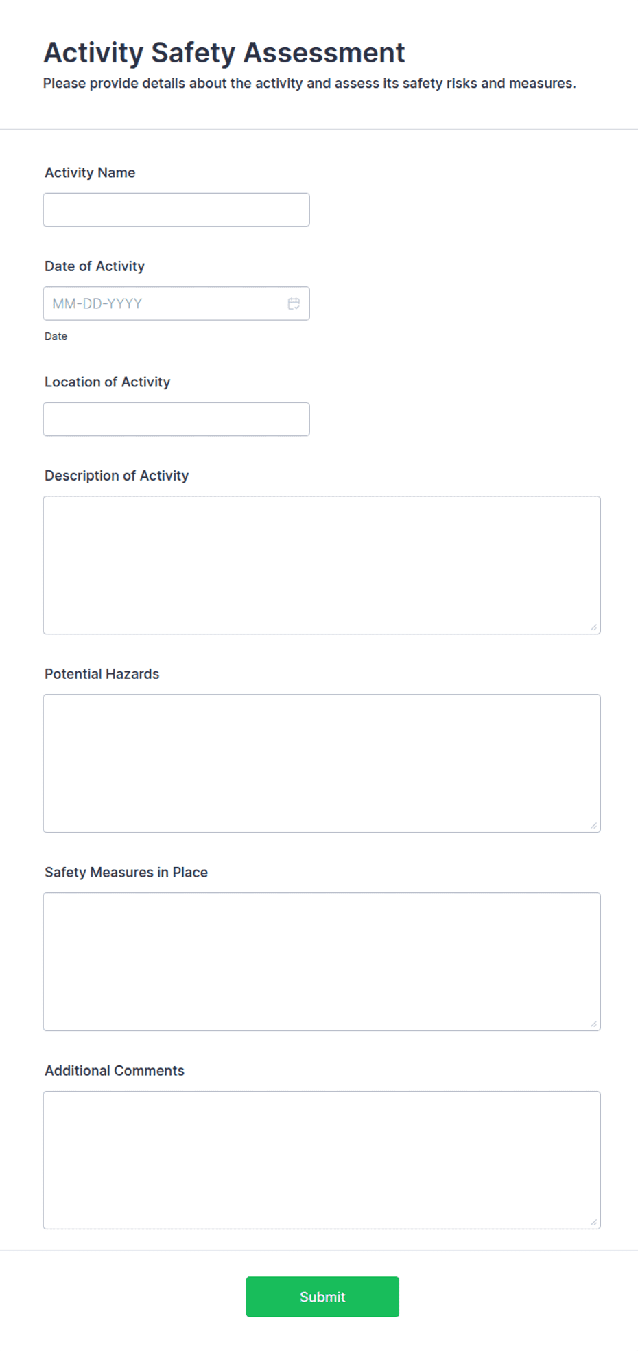 Activity Safety Assessment Form Template | Jotform