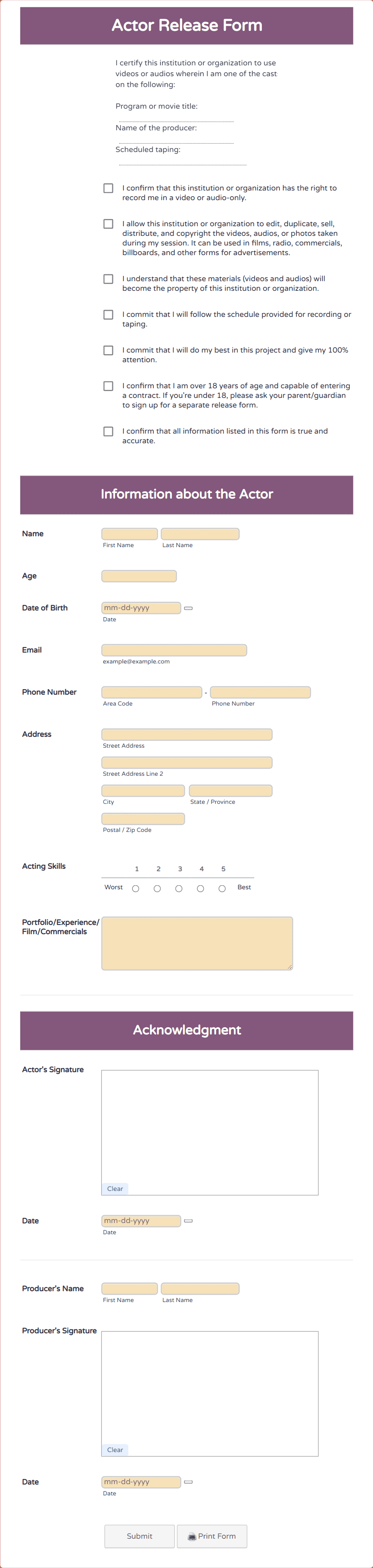 Actor Release Form Template | Jotform