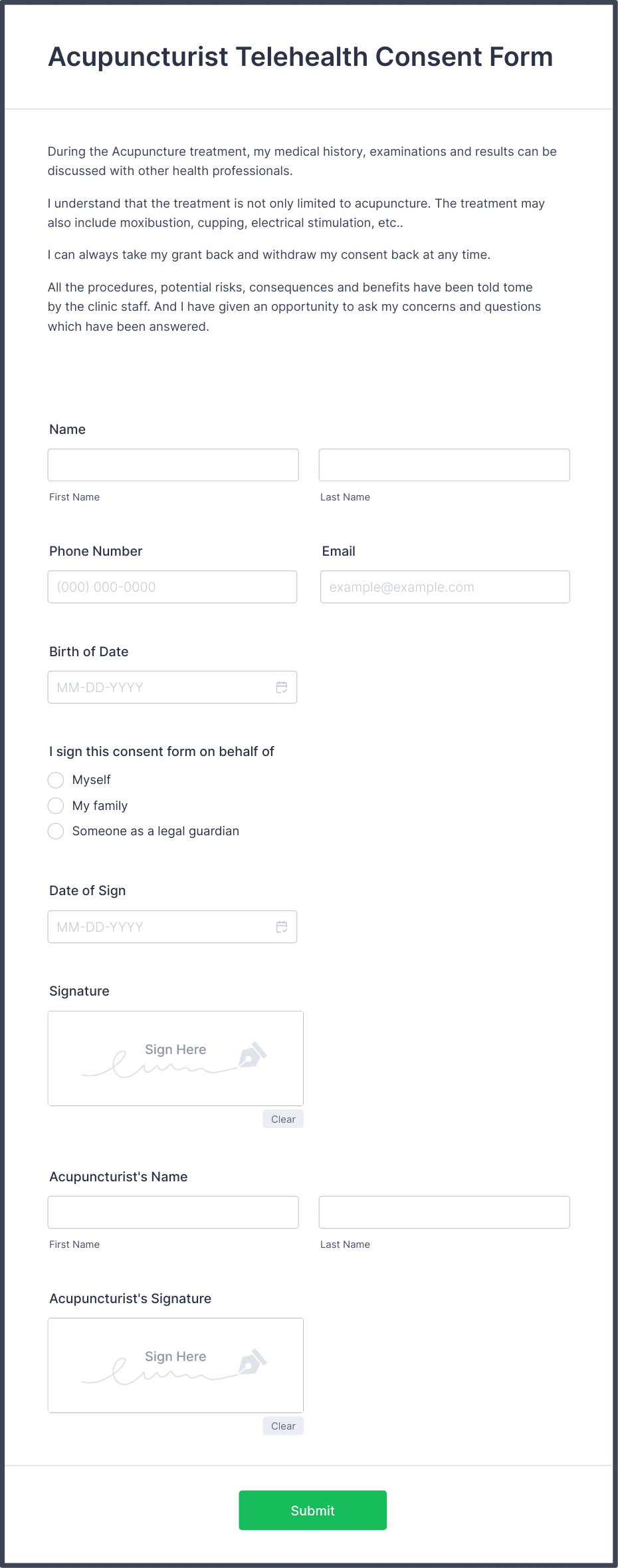 Acupuncturist Telehealth Consent Form Template | Jotform