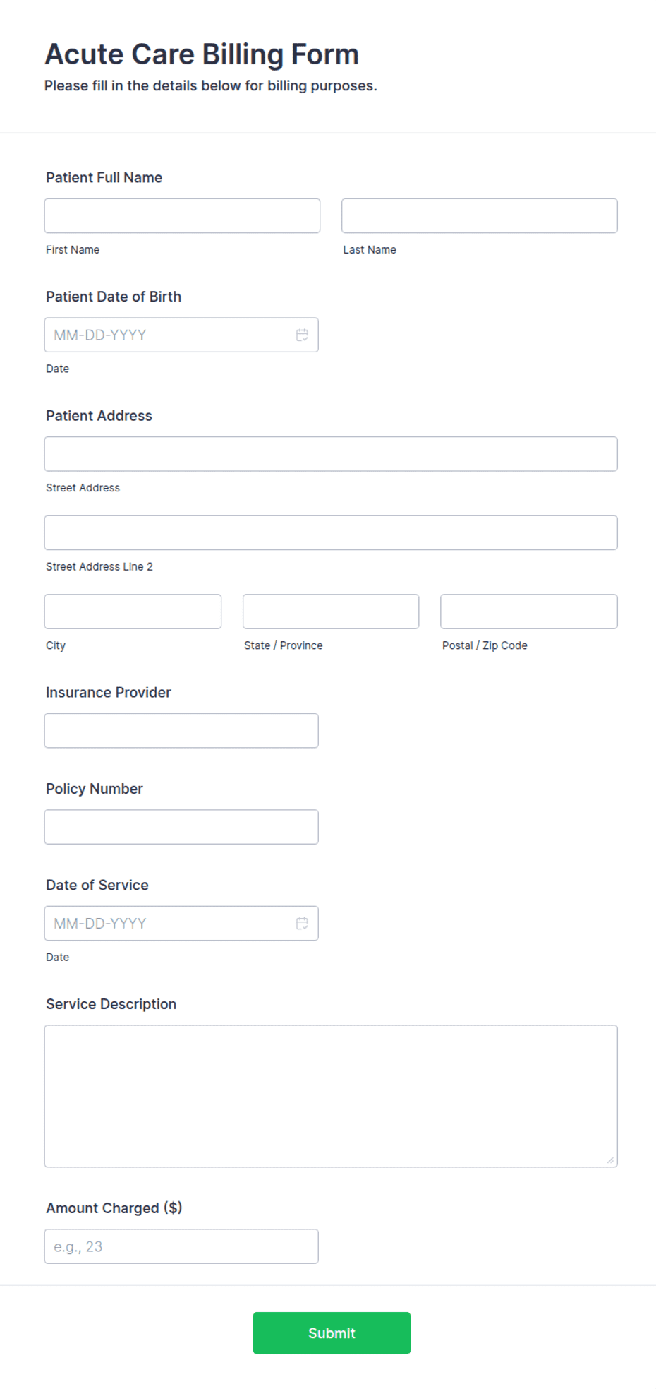 Acute Care Billing Form Template | Jotform