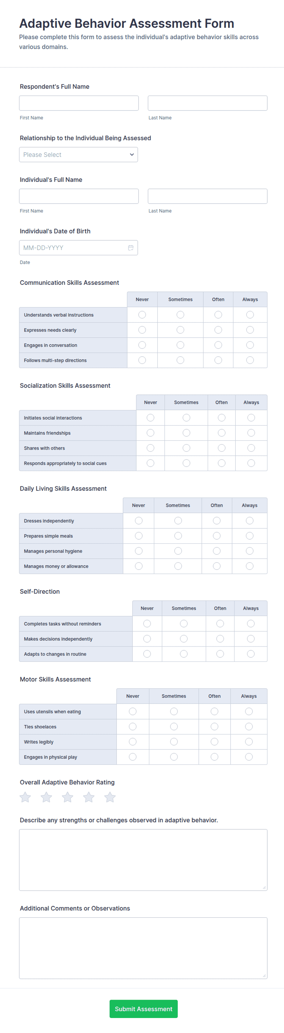 Adaptive Behavior Assessment Form Template | Jotform
