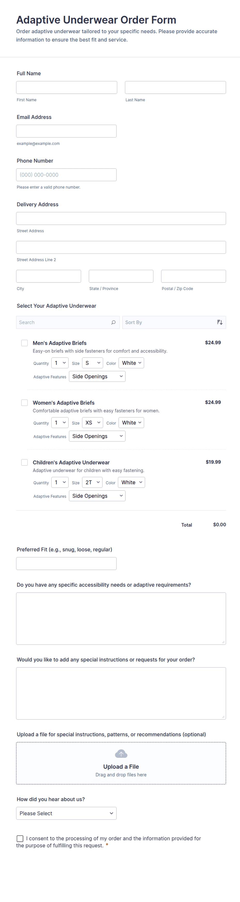 Adaptive Underwear Order Form Template | Jotform