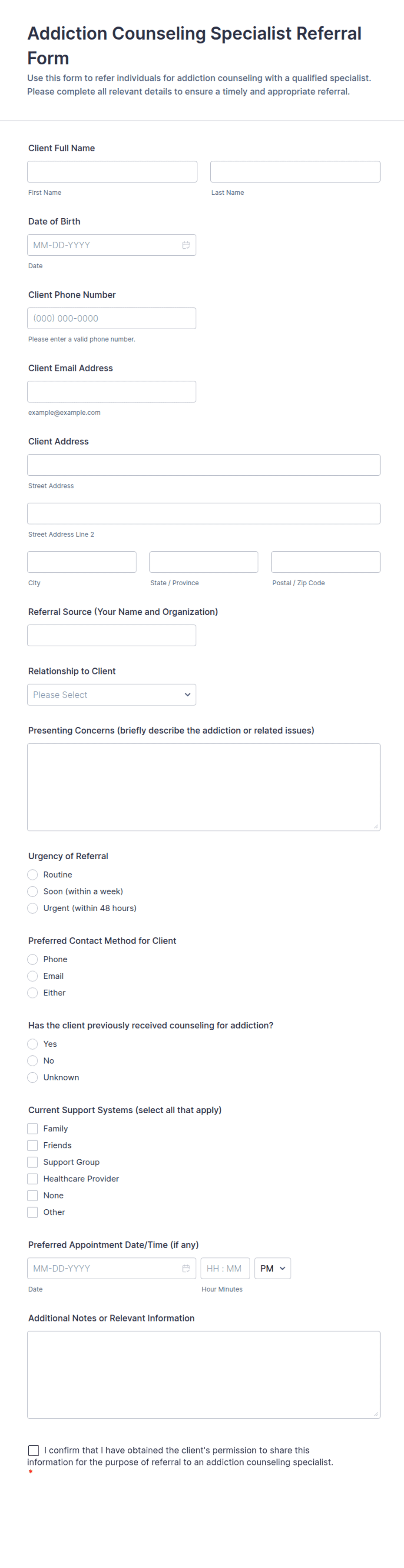 Addiction Counseling Specialist Referral Form Template | Jotform