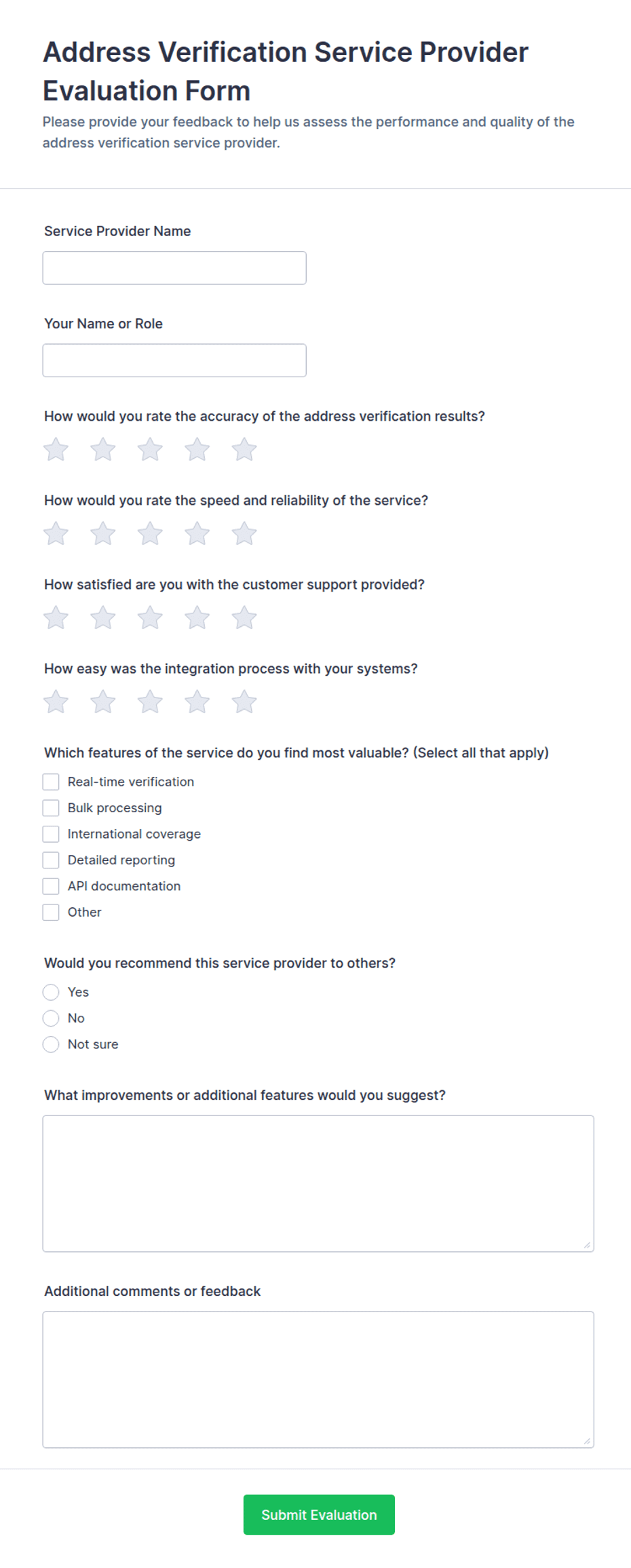 Address Verification Service Provider Evaluation Form Template | Jotform
