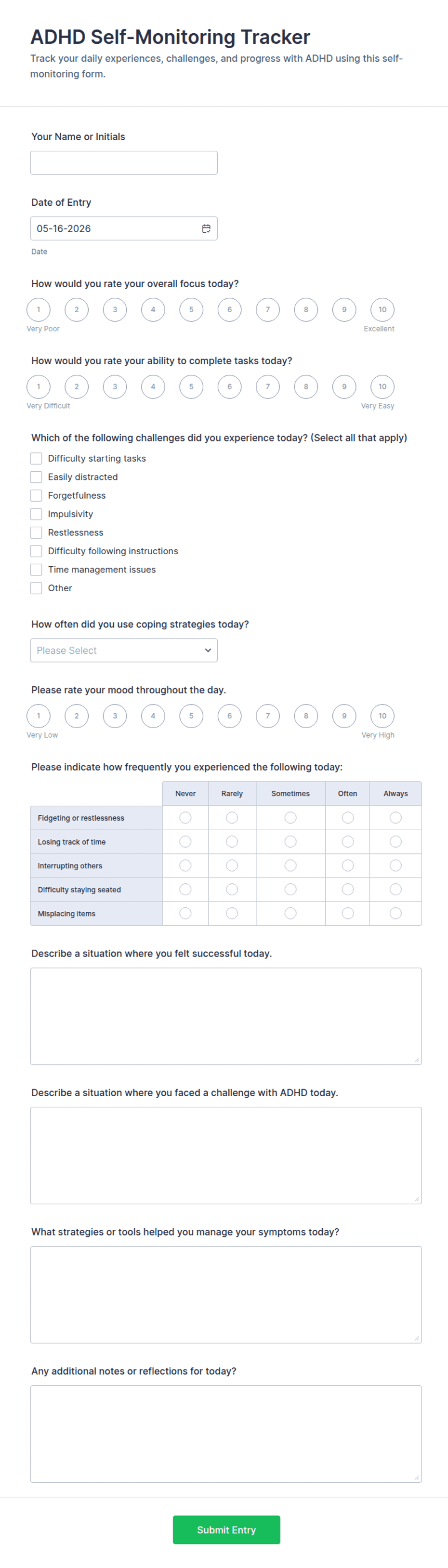 ADHD Self-Monitoring Tracker Form Template | Jotform