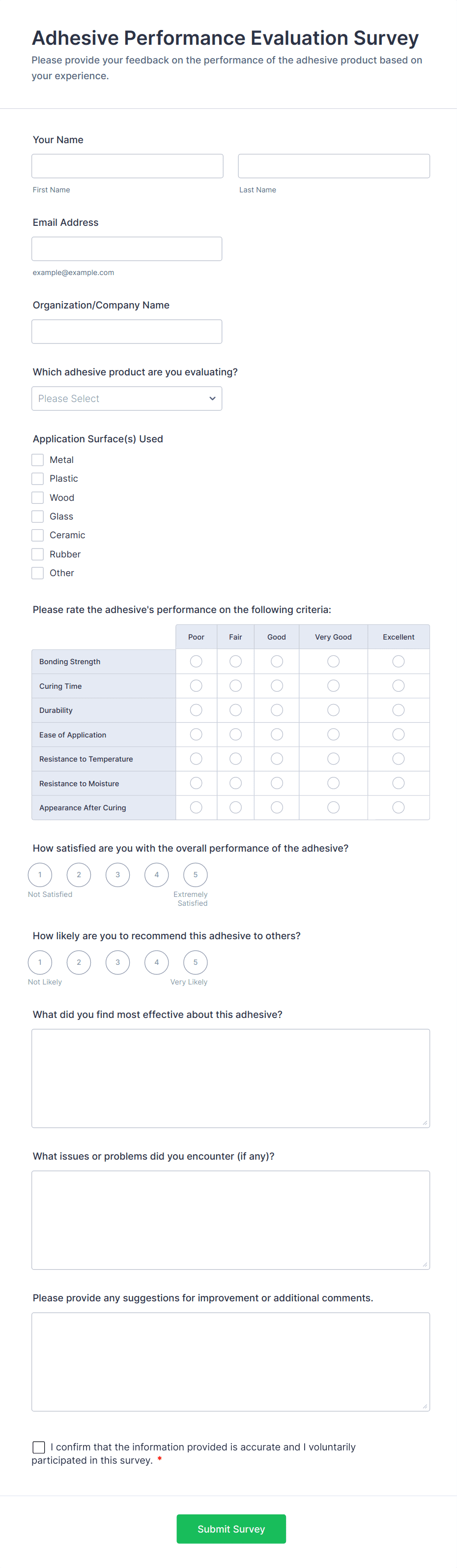 Adhesive Performance Evaluation Survey Form Template | Jotform