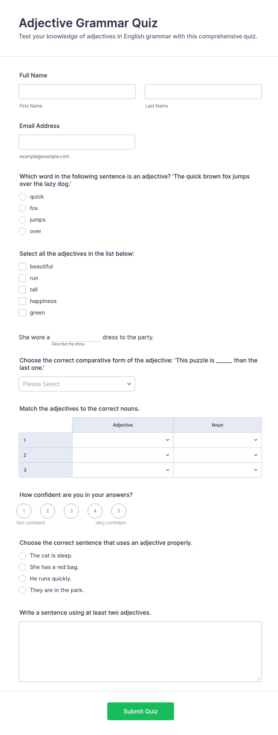 Adjective Grammar Quiz Form Template | Jotform