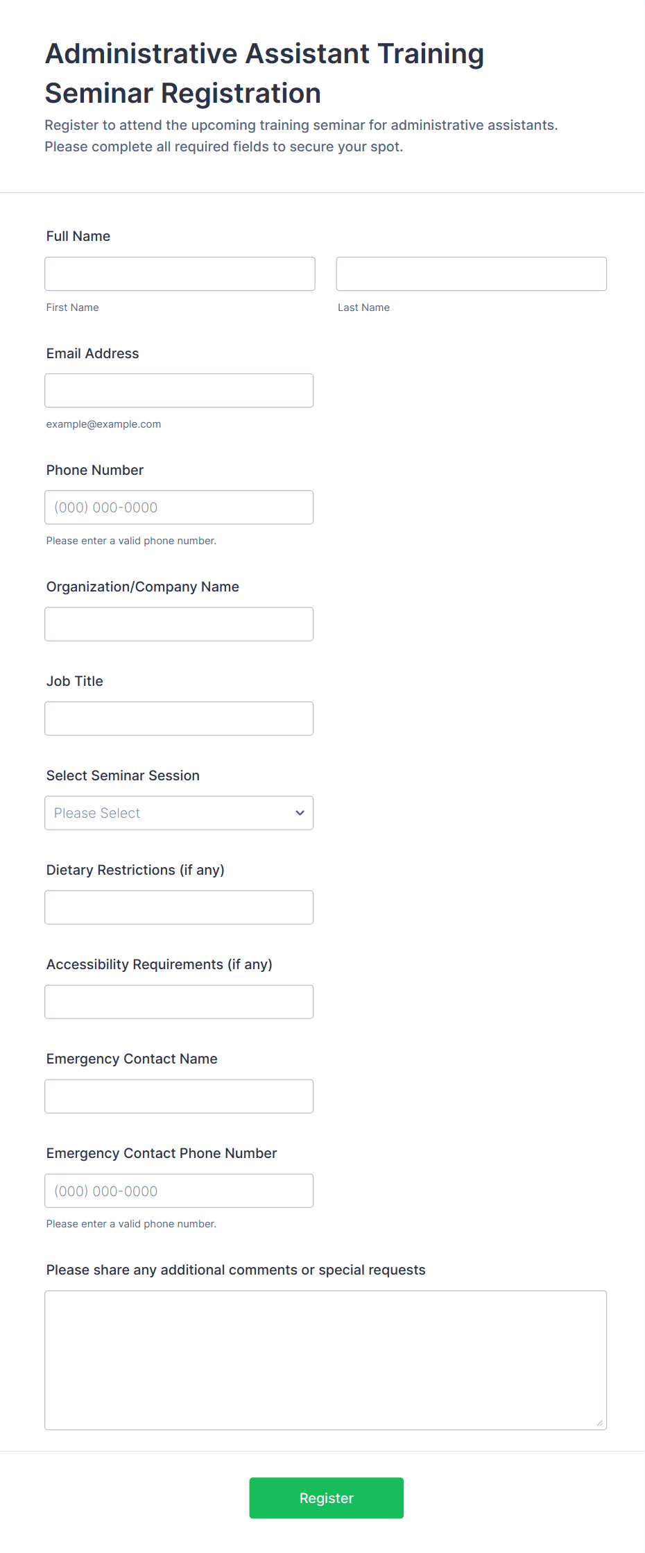 Administrative Assistant Training Seminar Registration Form Template | Jotform