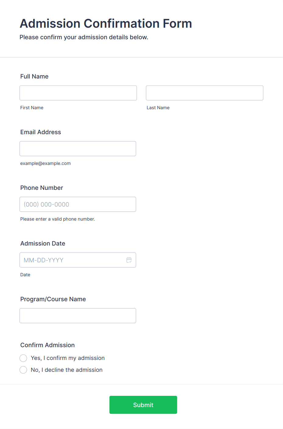 Admission Confirmation Form Template | Jotform