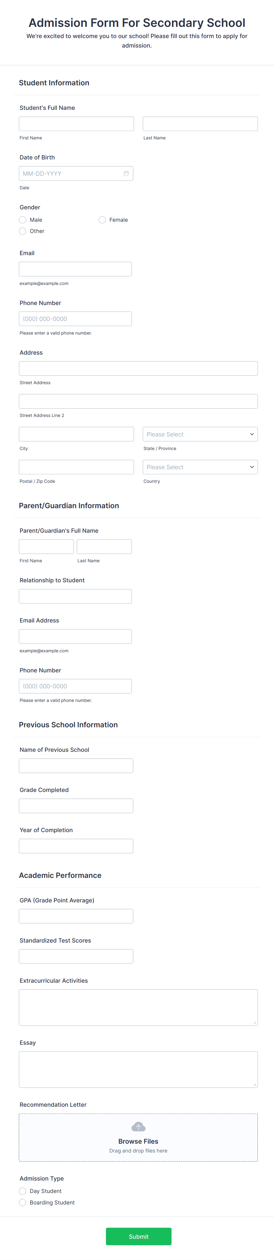 Admission Form For Secondary School Form Template | Jotform
