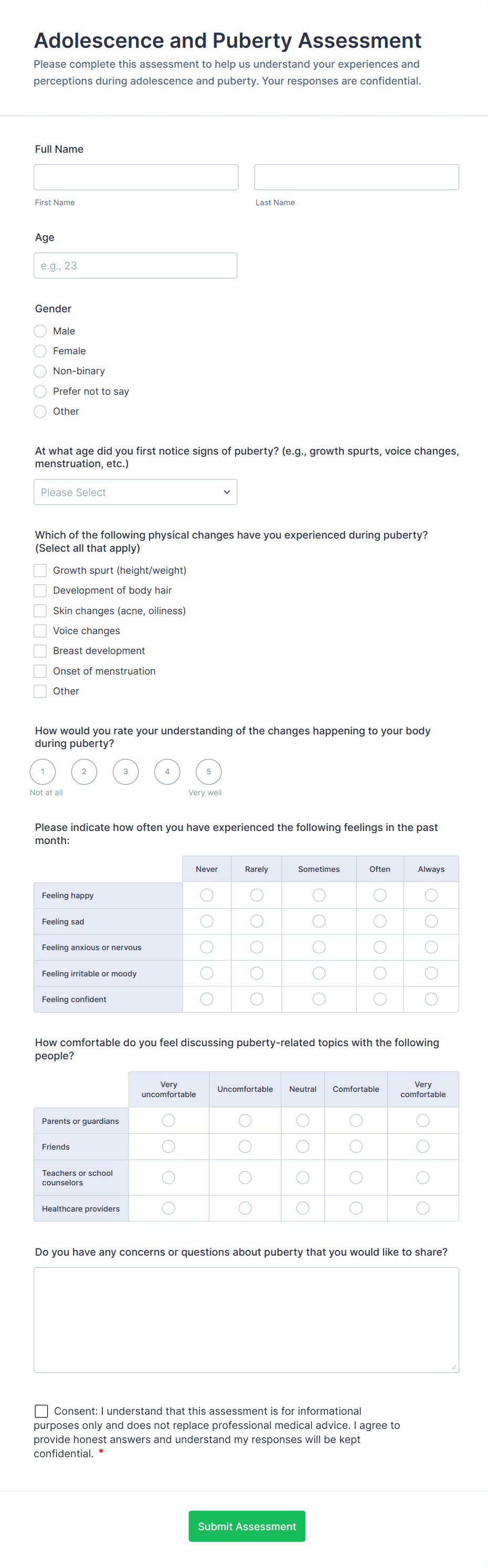 Adolescence and Puberty Assessment Form Template | Jotform