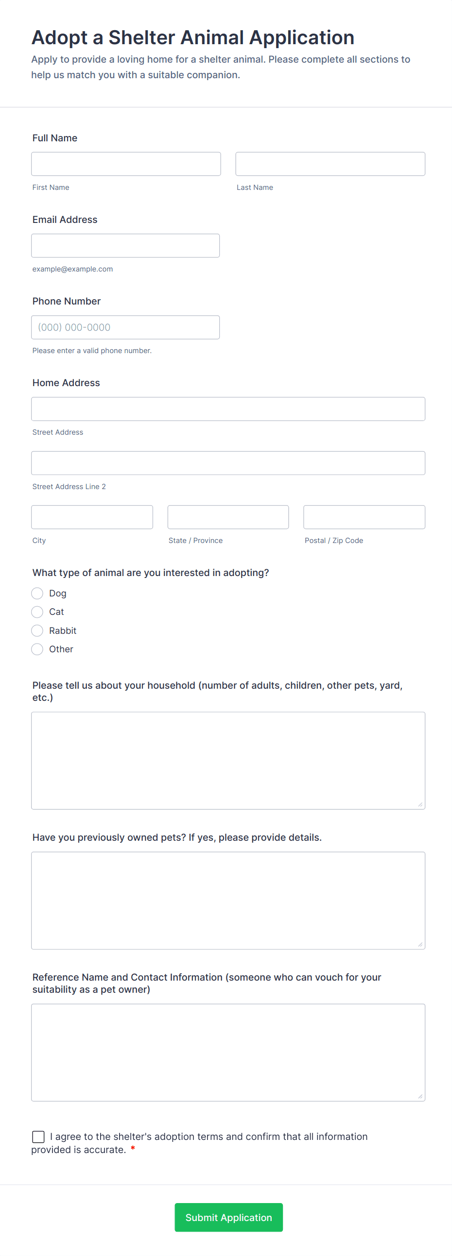 Adopt a Shelter Animal Application Form Template | Jotform