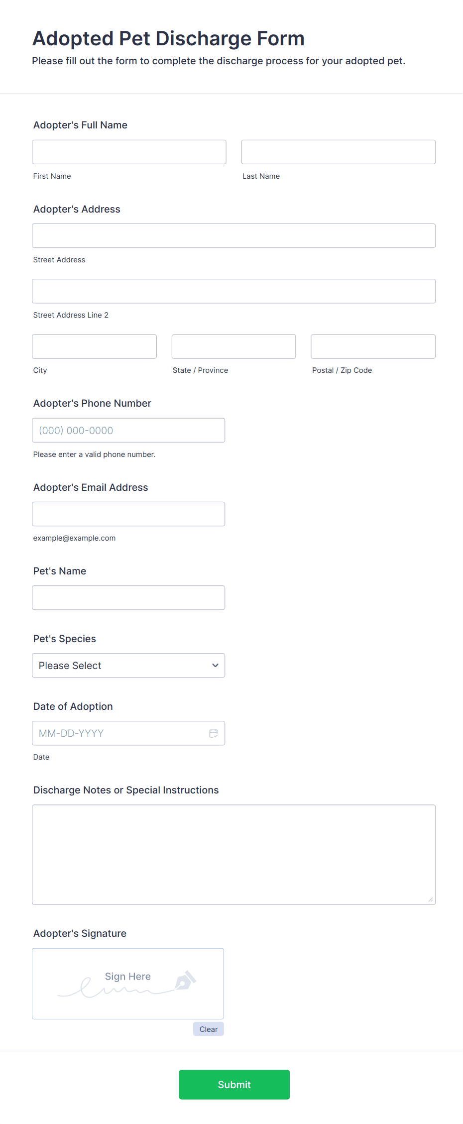 Adopted Pet Discharge Form Template | Jotform