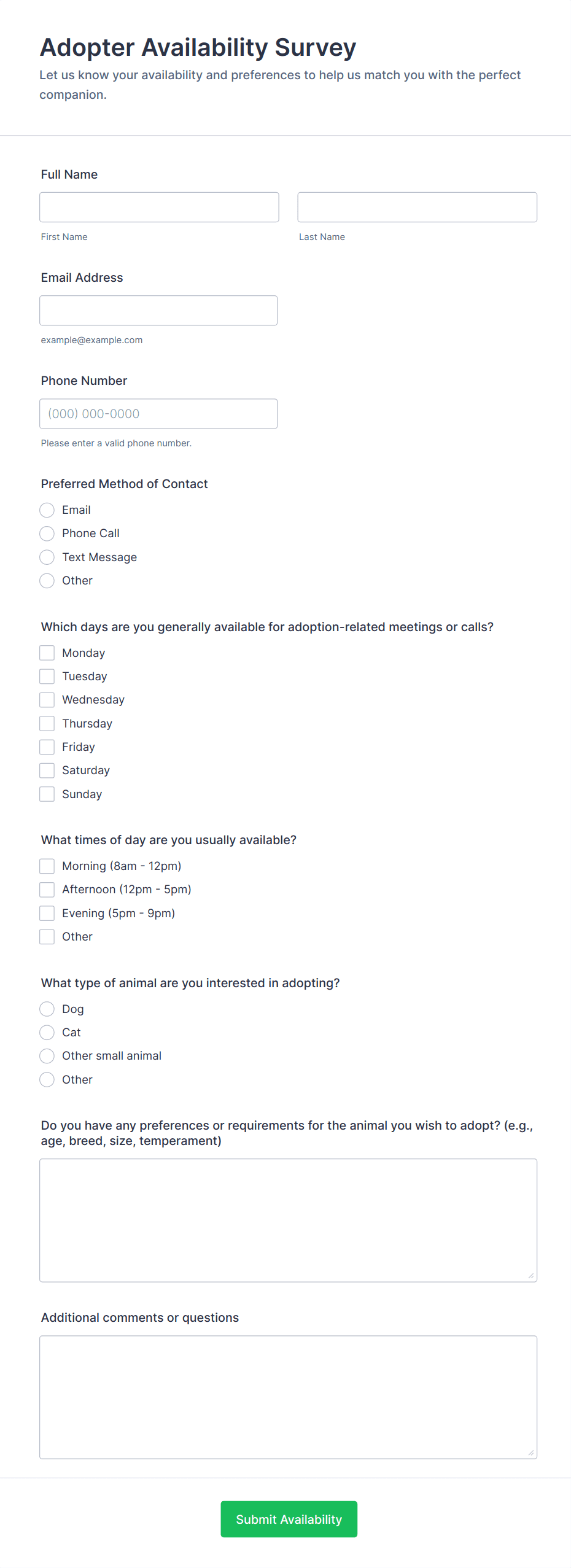 Adopter Availability Survey Form Template | Jotform