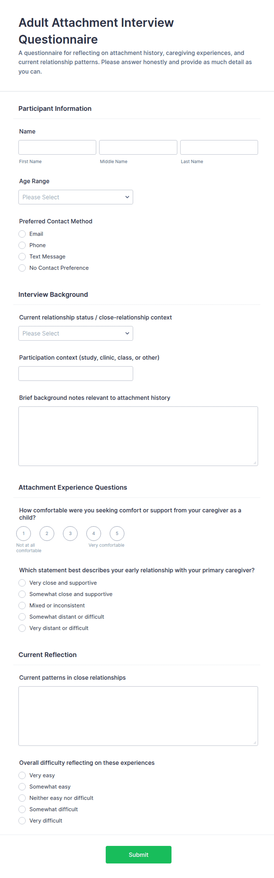 Adult Attachment Interview Questionnaire Form Template | Jotform