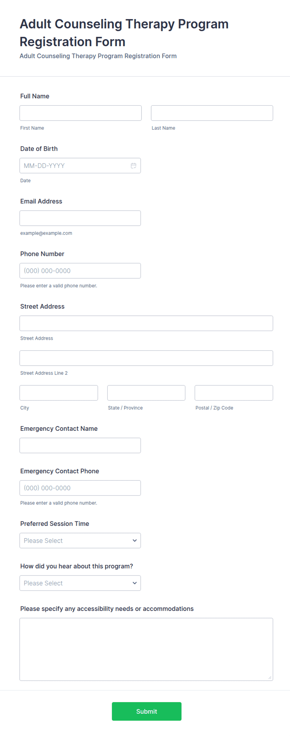 Adult Counseling Therapy Program Registration Form Template | Jotform