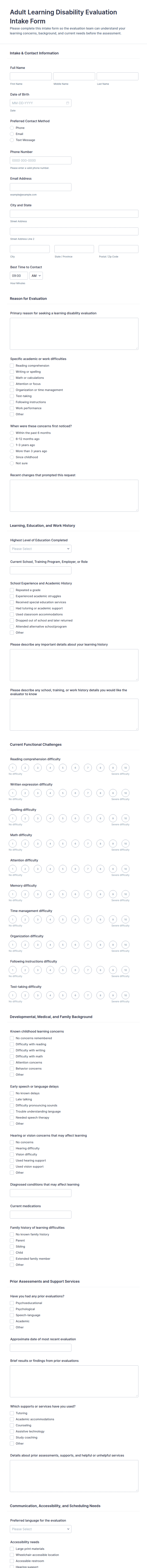 Adult Learning Disability Evaluation Intake Form Template | Jotform