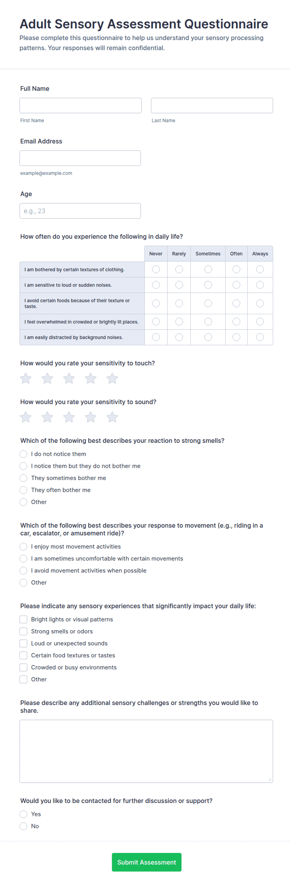 Adult Sensory Assessment Questionnaire Form Template | Jotform