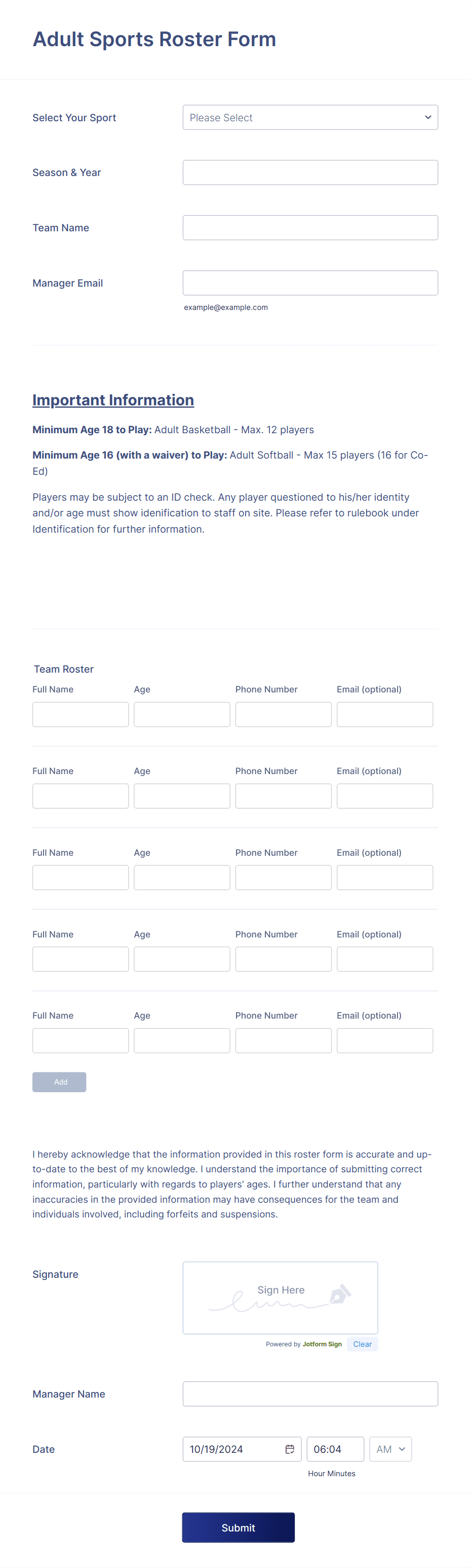 Adult Sports Roster Form Template | Jotform