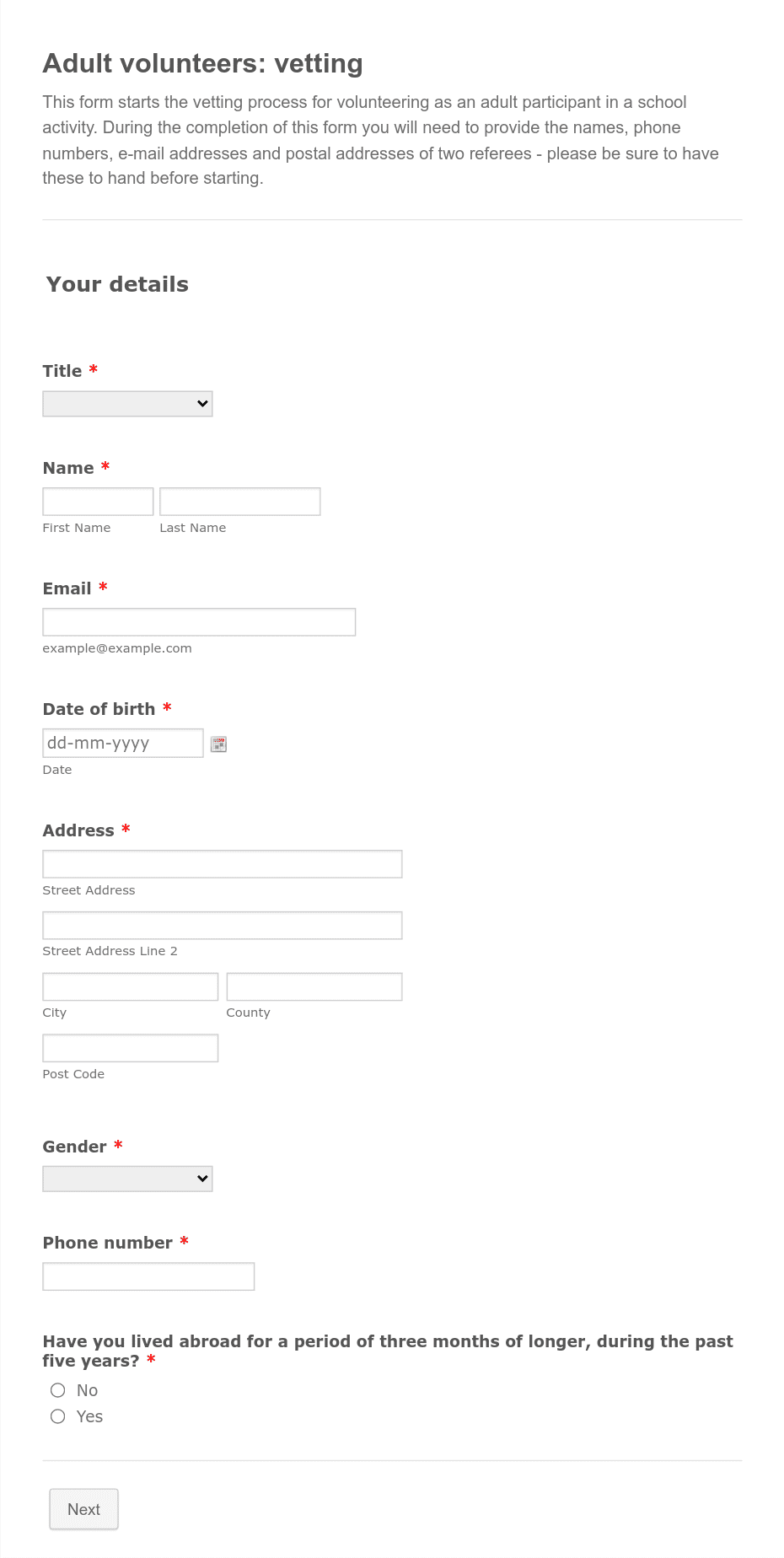 Adult volunteers: vetting Form Template | Jotform