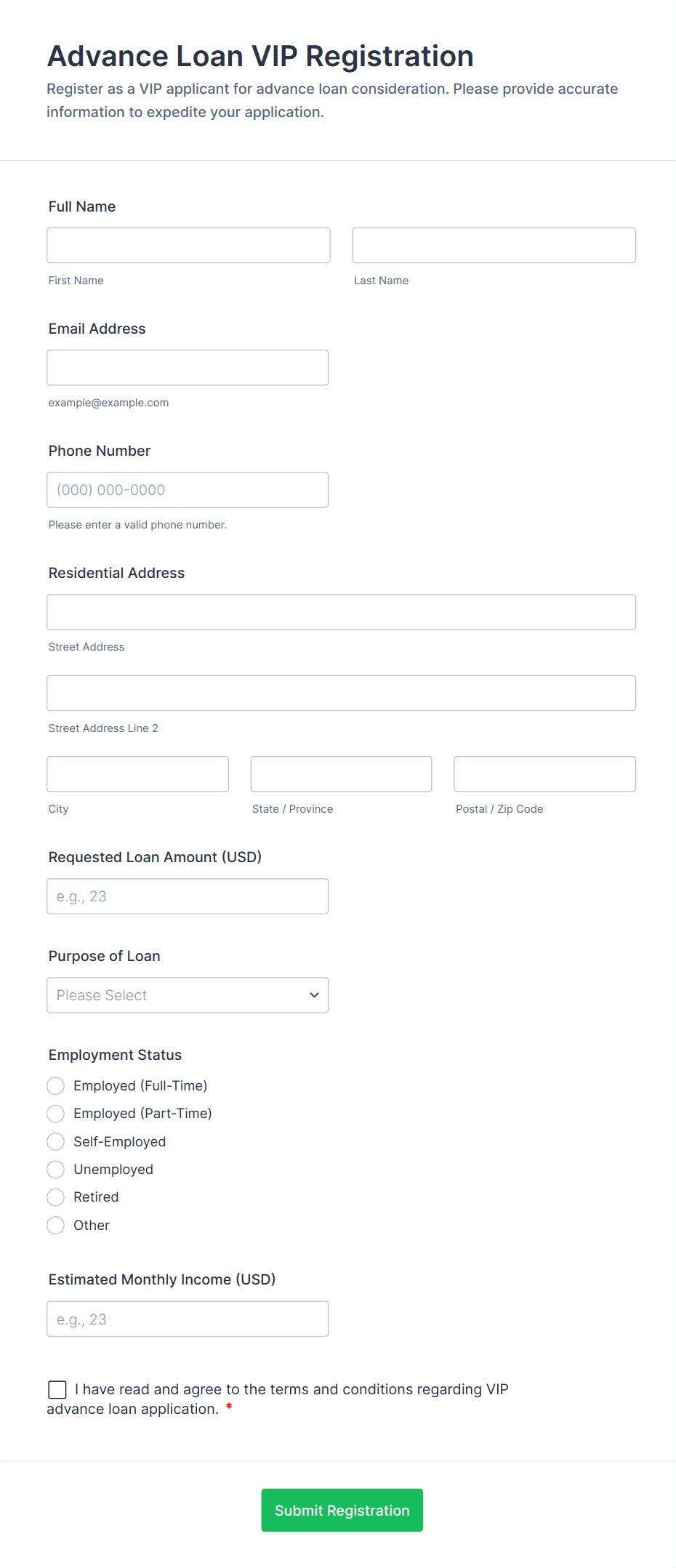 Advance Loan VIP Registration Form Template | Jotform