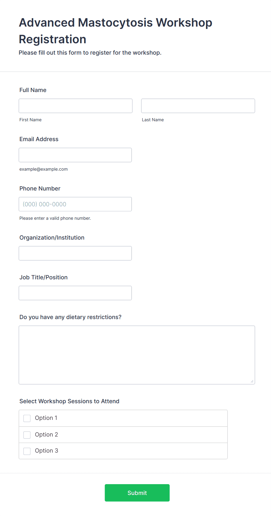 Advanced Mastocytosis Workshop Registration Form Template | Jotform