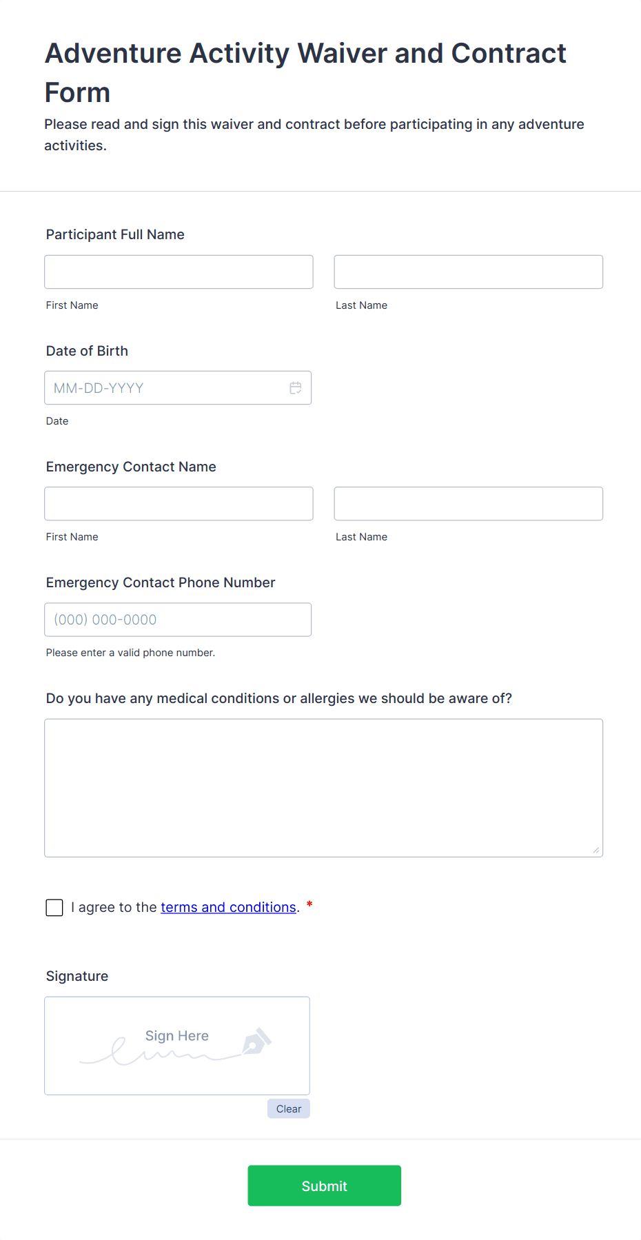 Adventure Activity Waiver and Contract Form Template | Jotform