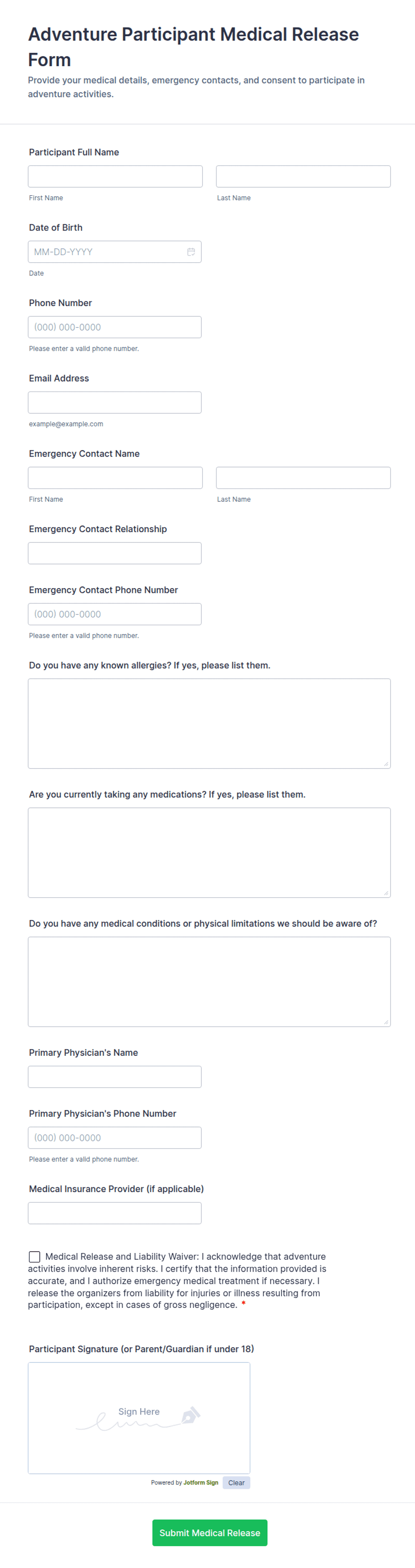 Adventure Participant Medical Release Form Template | Jotform