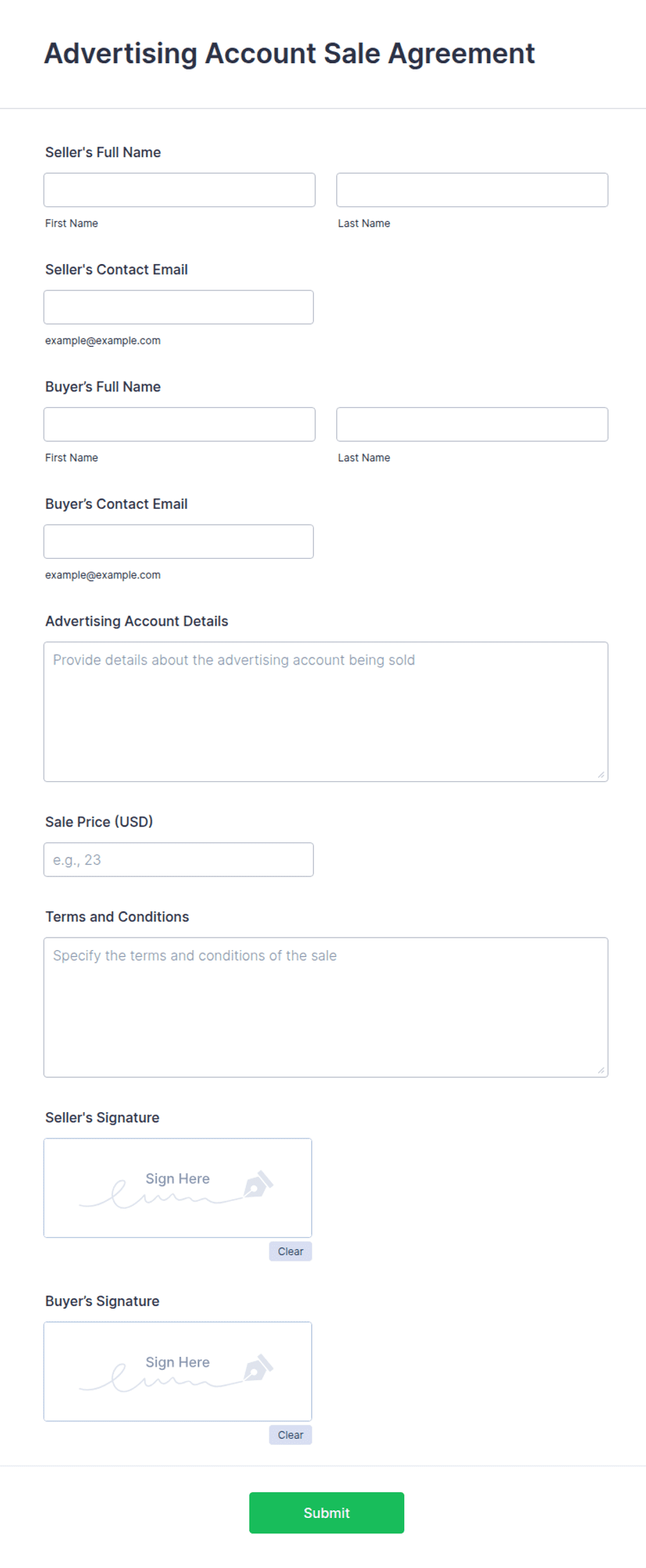 Advertising Account Sale Agreement Form Template | Jotform