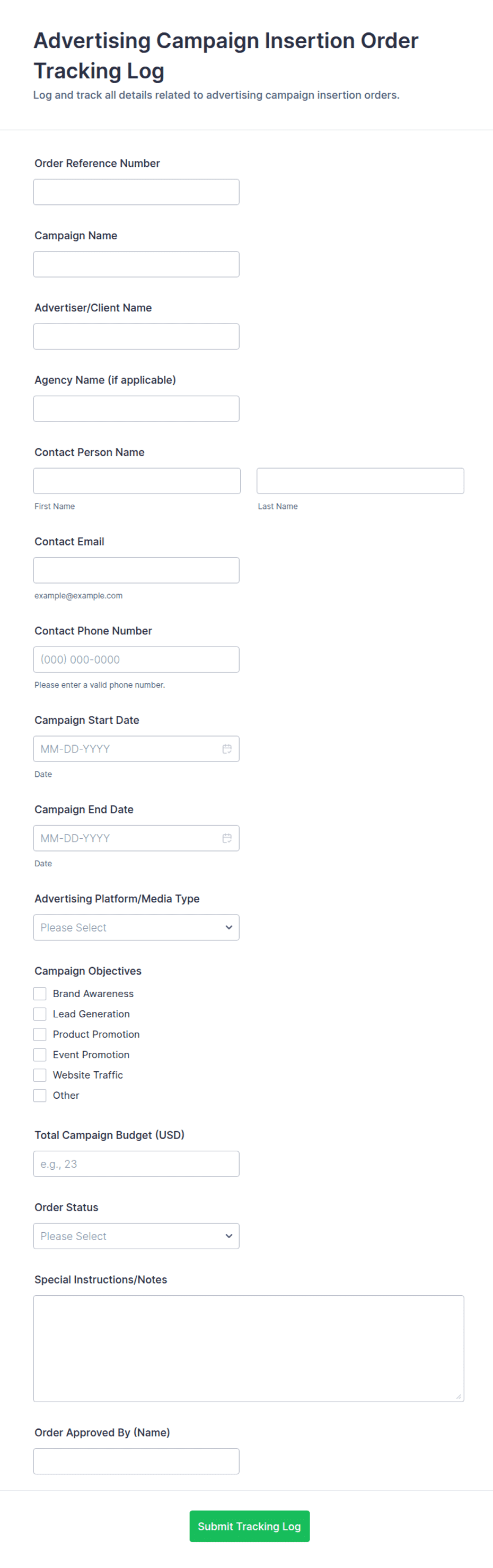Advertising Campaign Insertion Order Tracking Log Form Template | Jotform