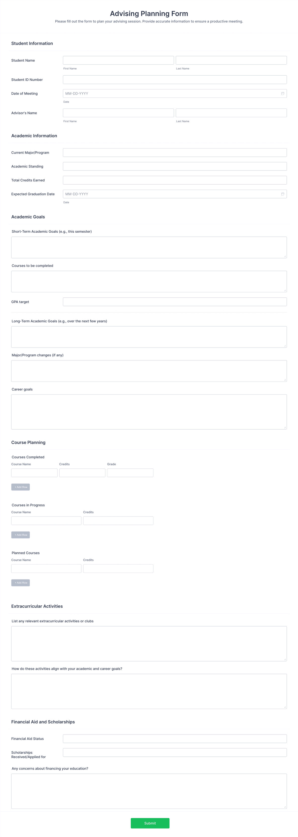 Advising Planning Form Template | Jotform