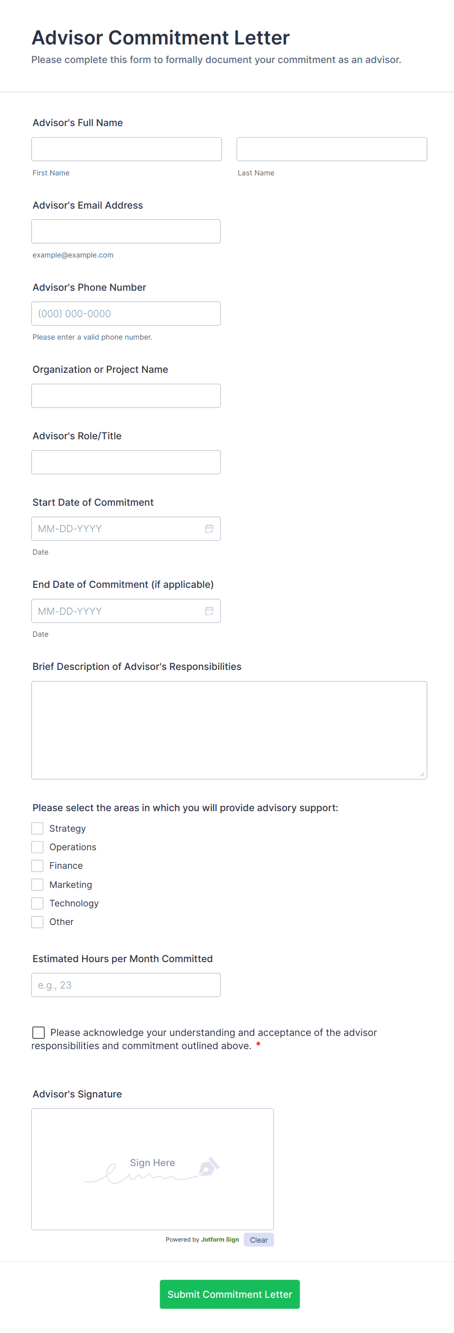 Advisor Commitment Letter Form Template | Jotform