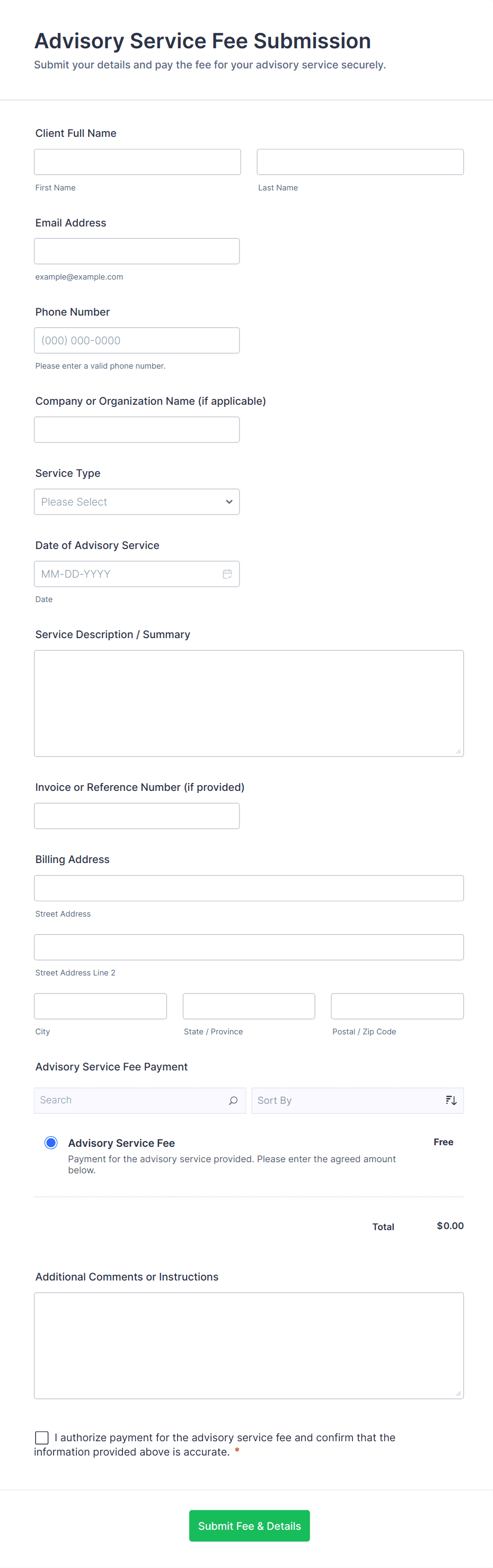 Advisory Service Fee Submission Form Template | Jotform