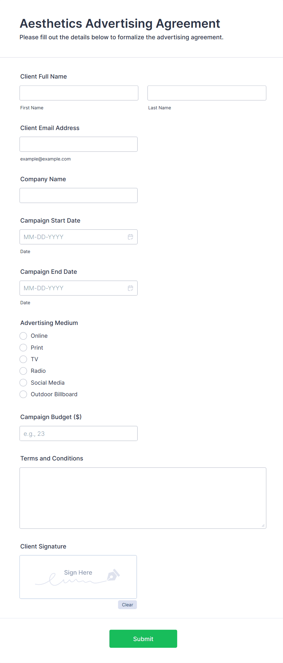 Aesthetics Advertising Agreement Form Template | Jotform