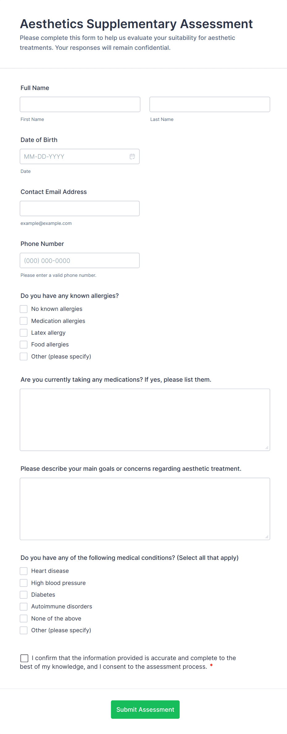 Aesthetics Supplementary Assessment Form Template | Jotform