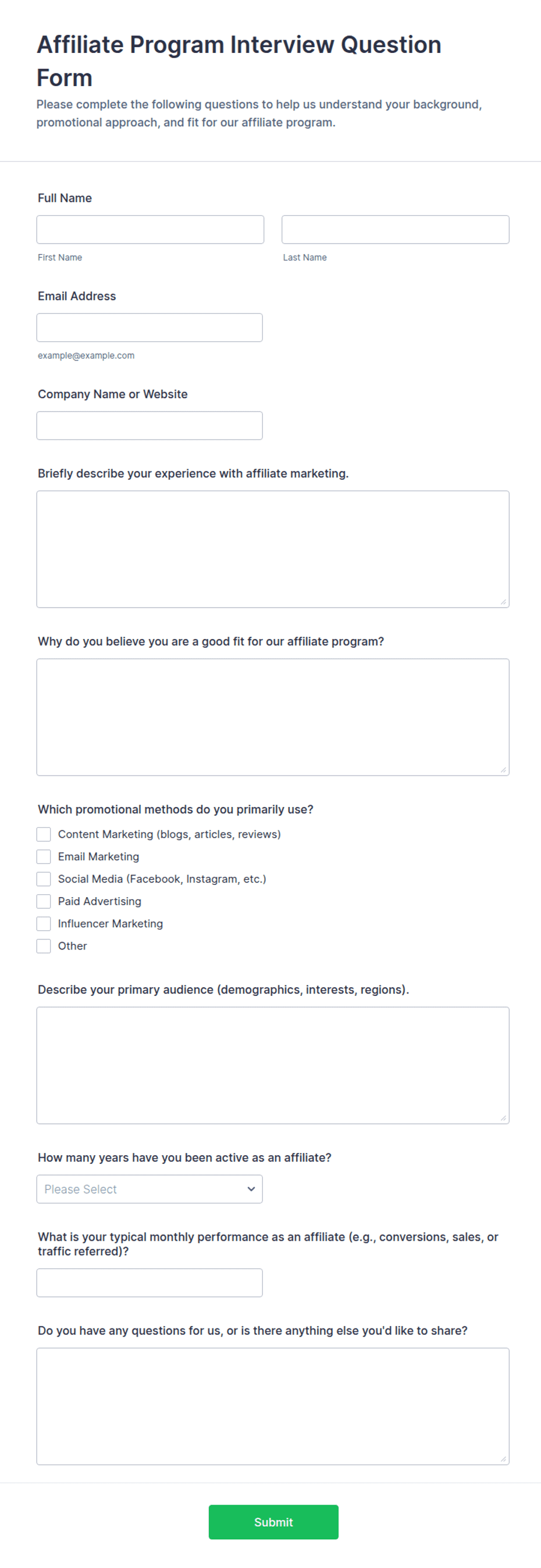 Affiliate Program Interview Question Form Template | Jotform
